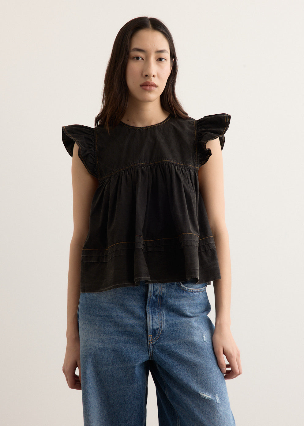 Garment Dyed Cotton Frill Sleeve Top